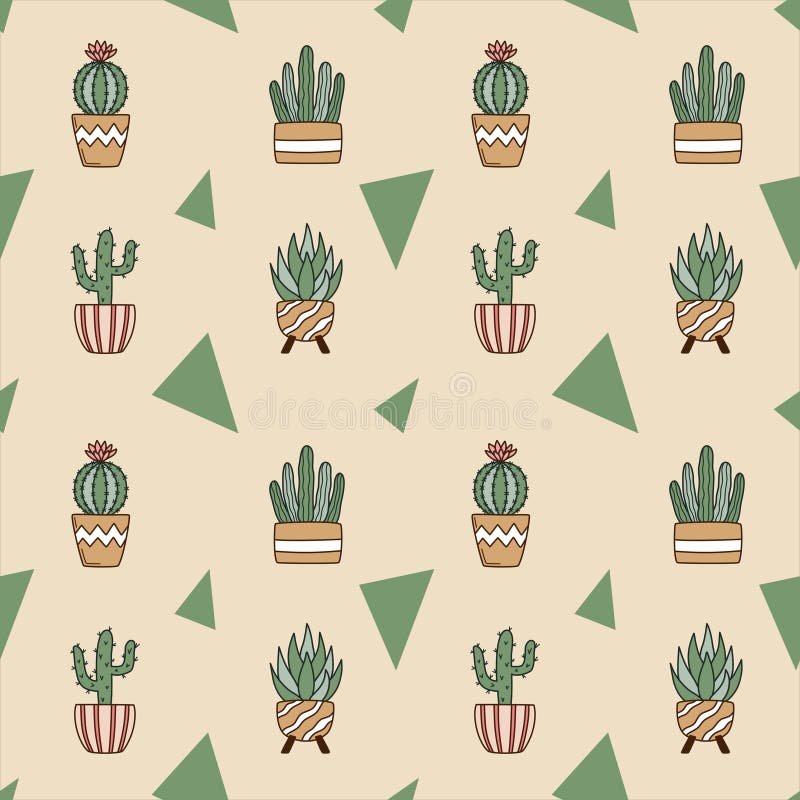Seamless Pattern with Cute Cacti in Flower Pots Stock Vector - Illustration of thorn, desert ...