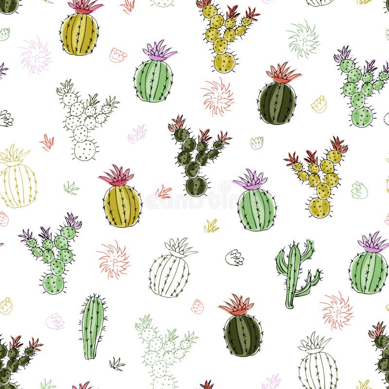 Seamless Pattern with Cute Cacti Stock Vector - Illustration of leaf ...