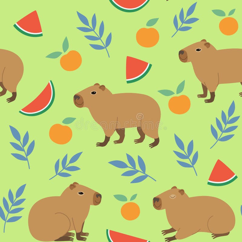 Seamless Pattern with Cute Capybara, Oranges and Watermelon. Vector ...