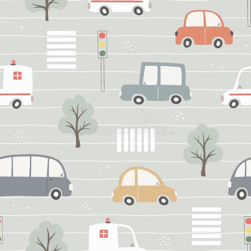 Seamless Pattern with Cute Cars, Traffic Lights and Trees Stock Vector ...