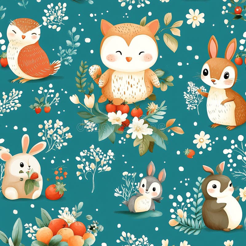 Seamless Pattern of Cute Cartoon Animal Characters with Floral Elements ...