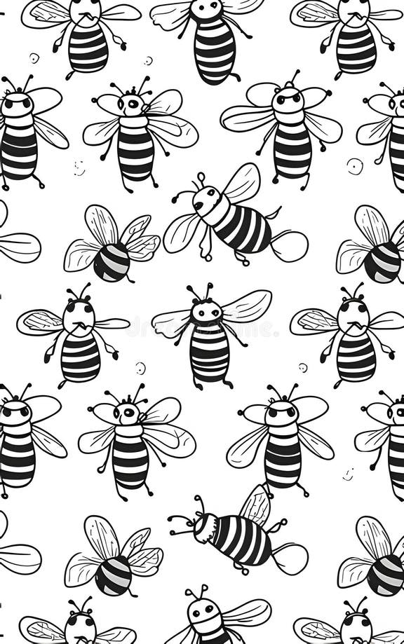 Seamless Pattern with Cute Cartoon Bees. Black and White Vector ...