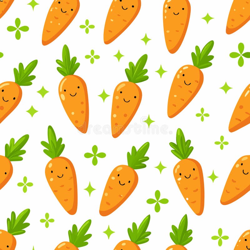 Seamless Pattern with Cute Cartoon Carrots and Green Leaves on a White ...