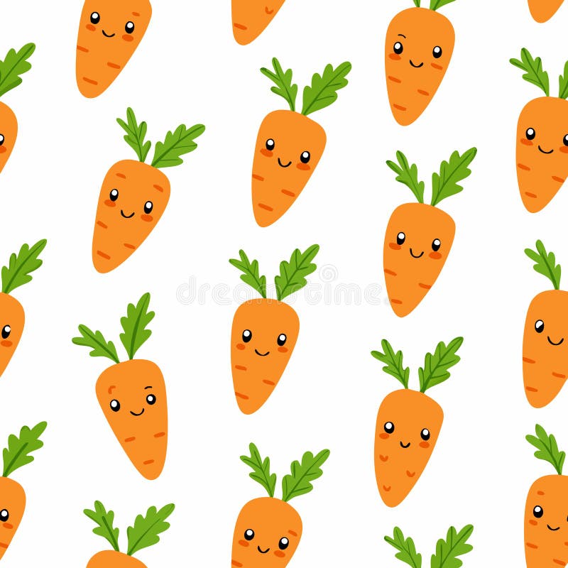 Seamless Pattern of Cute Cartoon Carrots with Happy Faces on White ...