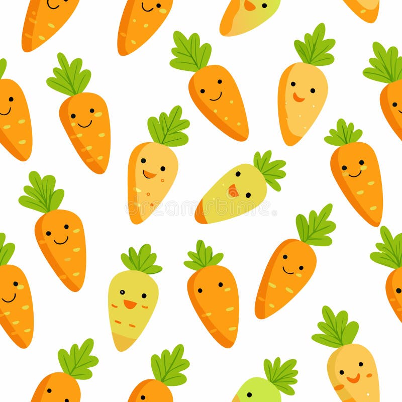 Seamless Pattern of Cute Cartoon Carrots with Happy Faces on a White ...