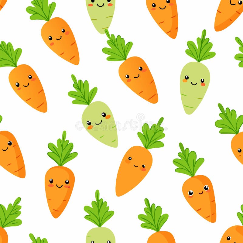 Seamless Pattern of Cute Cartoon Carrots with Happy Faces on White ...