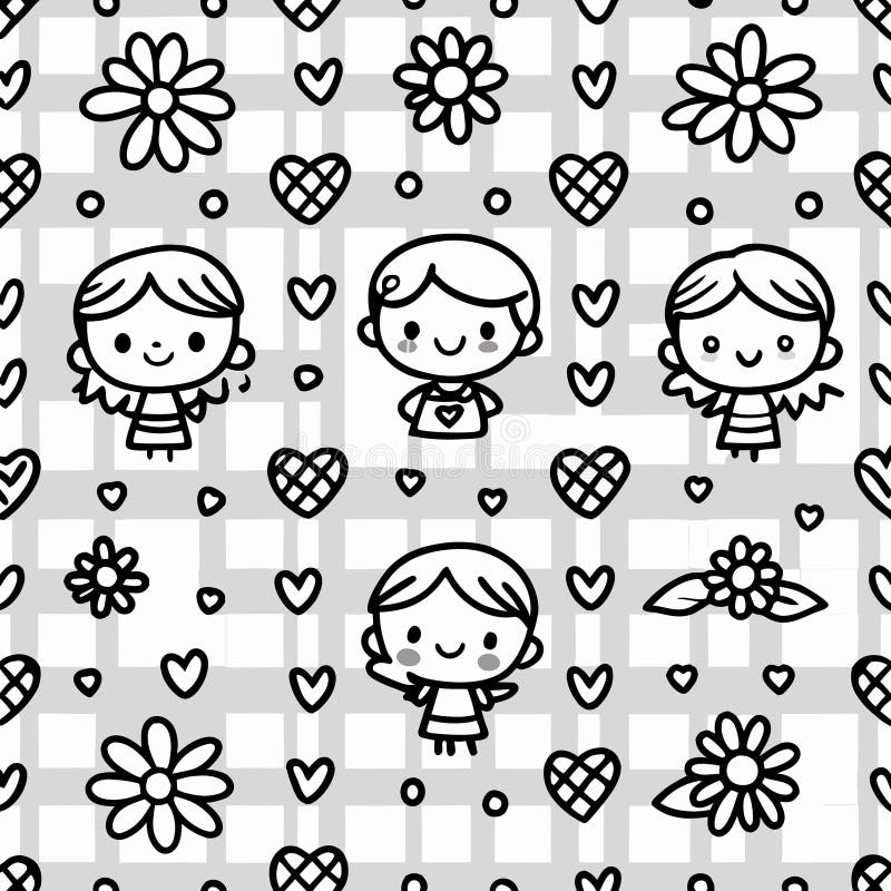 Seamless Pattern with Cute Cartoon Children, Flowers, and Hearts on a ...