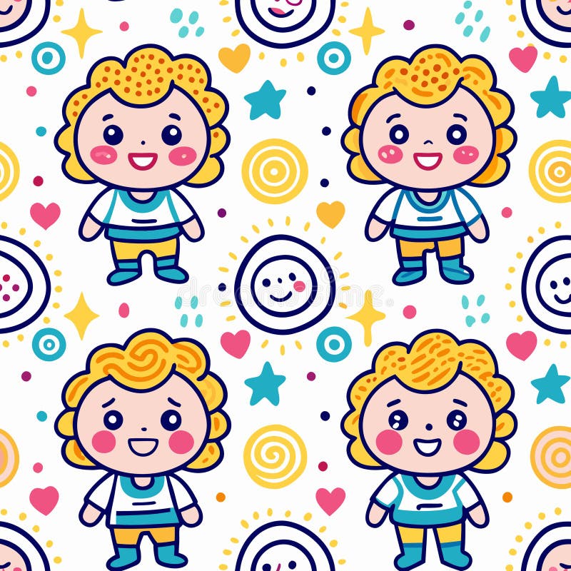 Seamless Pattern with Cute Cartoon Children and Fun Elements Stock ...