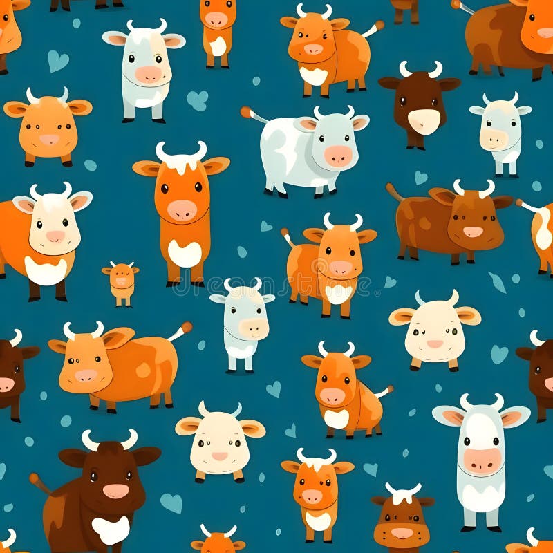 Seamless Pattern with Cute Cartoon Cows on Blue Background. Vector ...