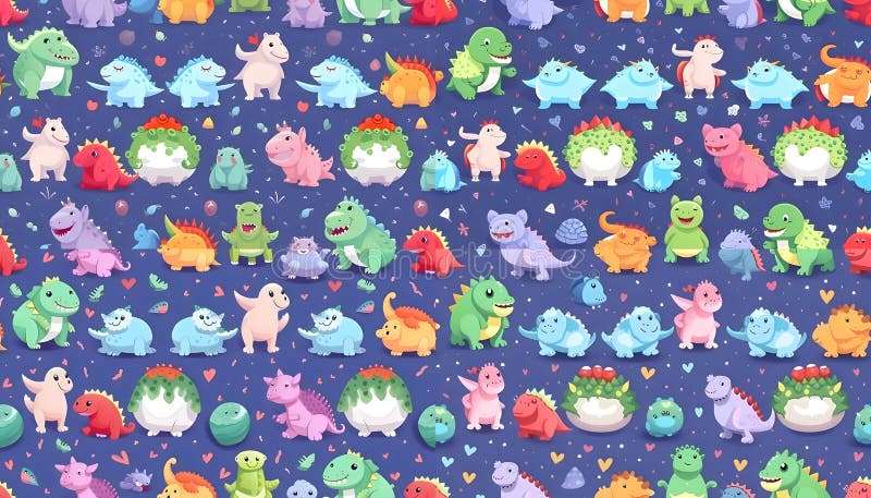 Seamless Pattern with Cute Cartoon Dinosaurs on Dark Blue Background ...