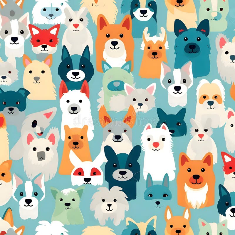 Seamless Pattern with Cute Cartoon Dogs on Blue Background. Vector ...