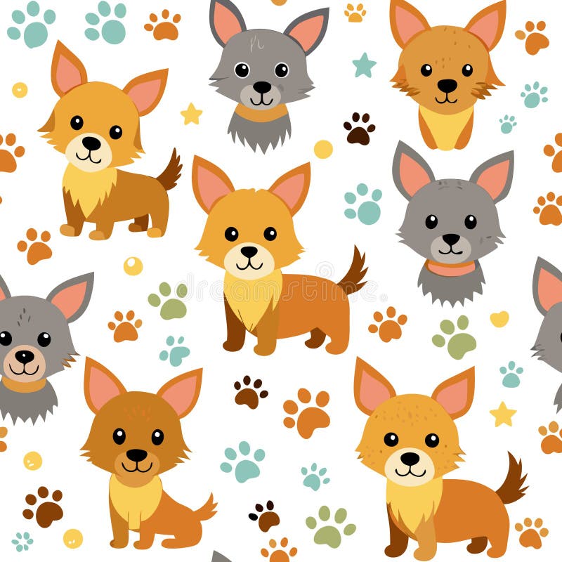 Seamless Pattern with Cute Cartoon Dogs, Paw Prints and Stars Stock ...