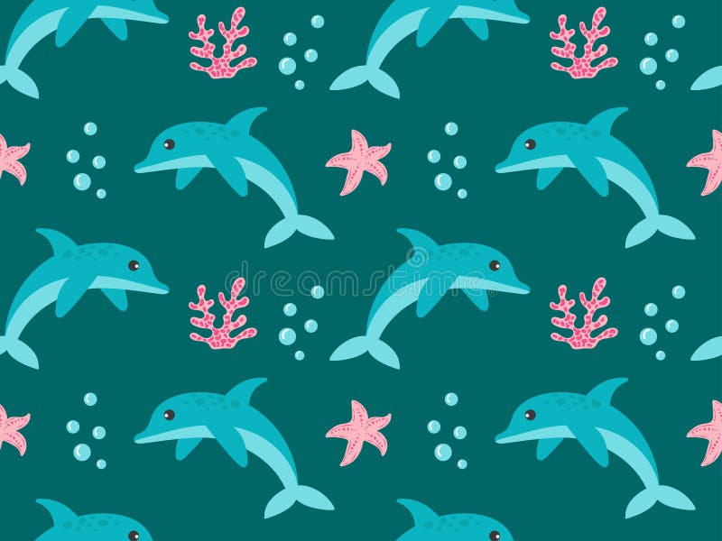 Seamless Pattern with Cute Cartoon Dolphins, Starfish on a Blue ...