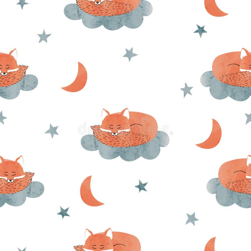 Seamless Pattern with Cute Cartoon Foxes Sleeping on Clouds Stock ...