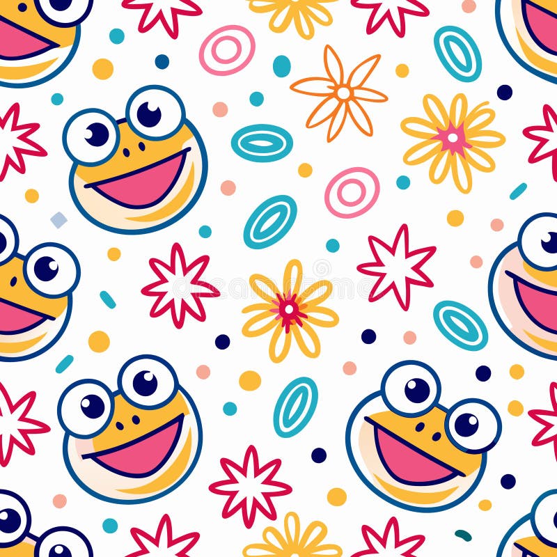 Seamless Pattern with Cute Cartoon Frogs and Colorful Flowers Stock ...