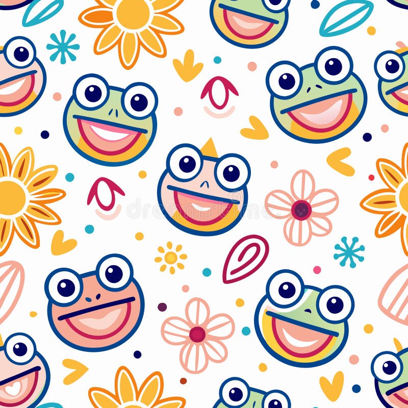 Seamless Pattern with Cute Cartoon Frogs and Flowers Stock Vector ...