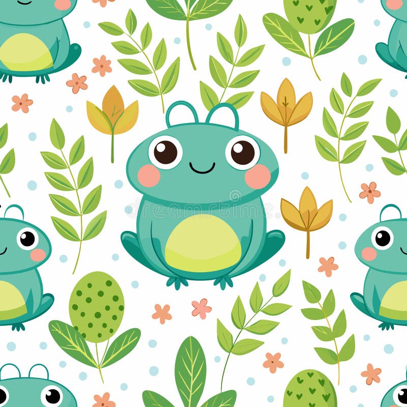 Seamless Pattern with Cute Cartoon Frogs, Leaves, Flowers, and Dots on ...
