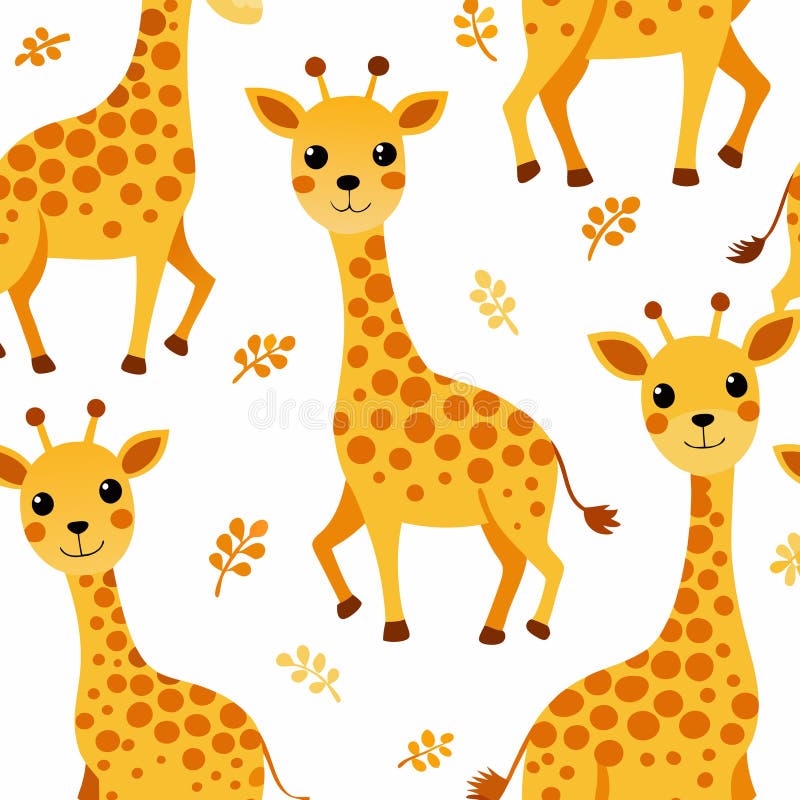 Seamless Pattern with Cute Cartoon Giraffes and Leaves on a White ...
