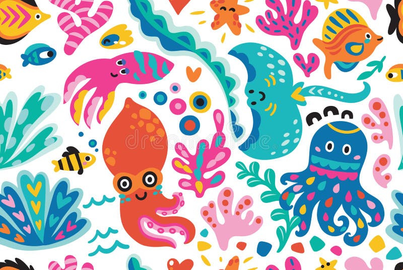 Seamless Pattern with Cute Cartoon Marine Creatures. Flat Simple Style Vector Background Stock ...