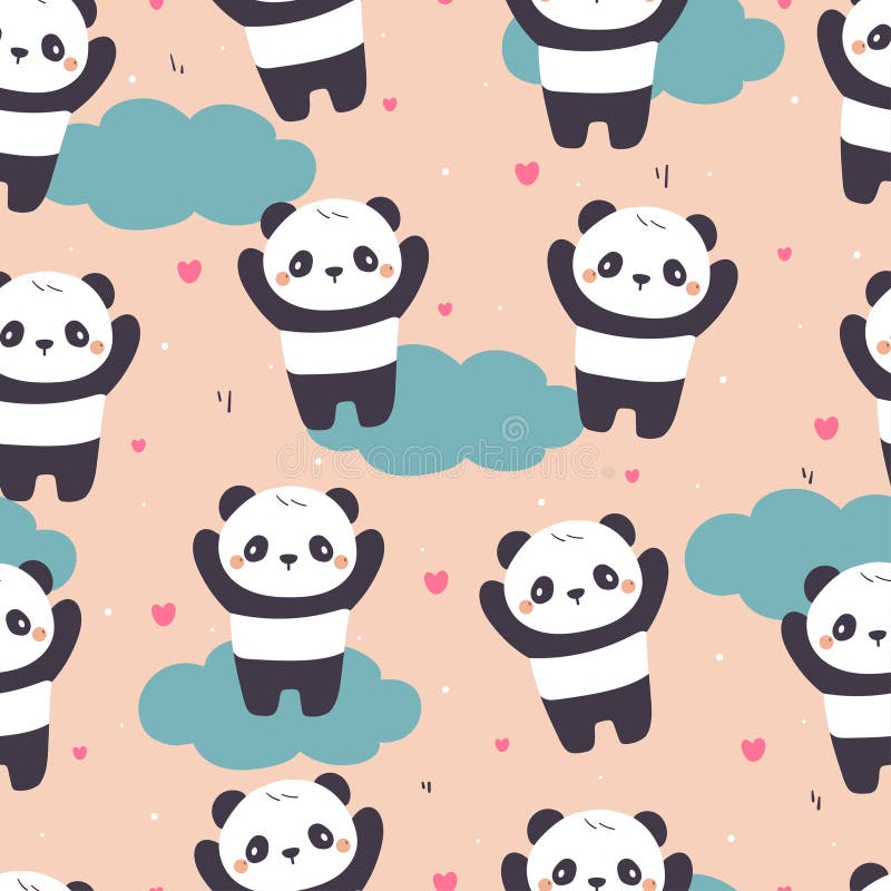 Seamless Pattern Cute Cartoon Panda with Blue Clouds. Cute Animal ...