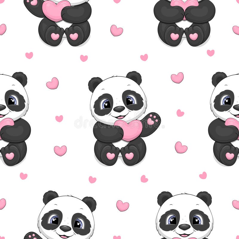 Seamless Pattern With Cute Cartoon Pandas And Pink Hearts Stock Vector