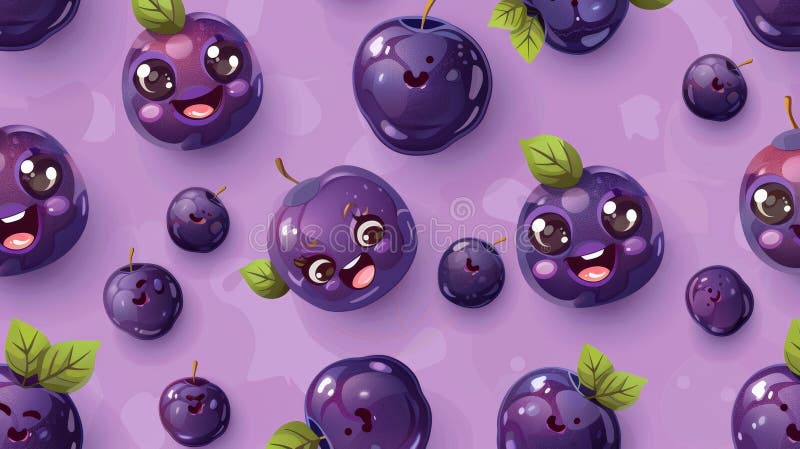A Seamless Pattern of Cute Cartoon Plums with Happy Faces on a Purple ...