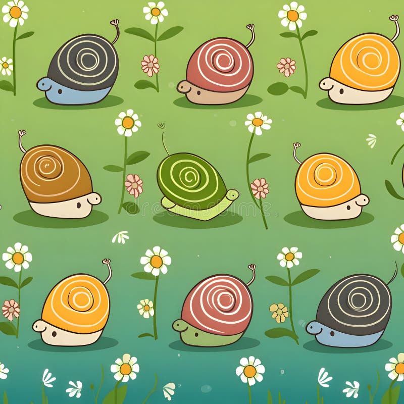 Seamless Pattern with Cute Cartoon Snails and Daisies Stock Vector ...