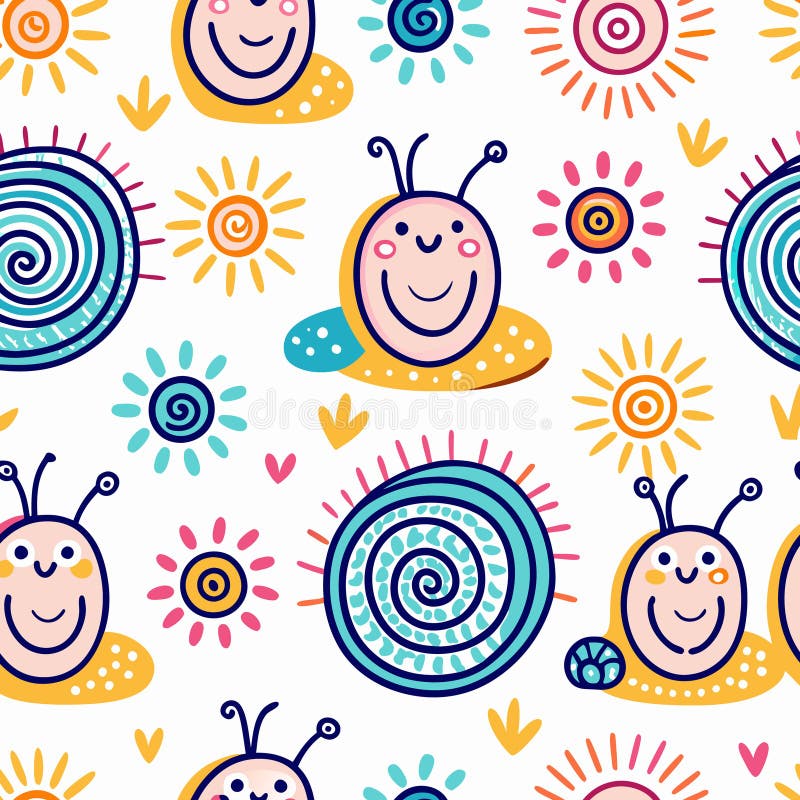 Seamless Pattern with Cute Cartoon Snails and Suns Stock Vector ...