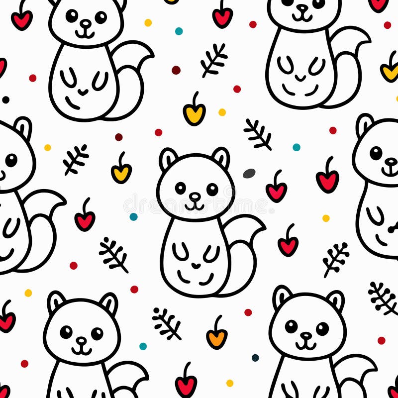 Seamless Pattern of Cute Cartoon Squirrels, Cherries, and Leaves on White Background. (1 Stock ...