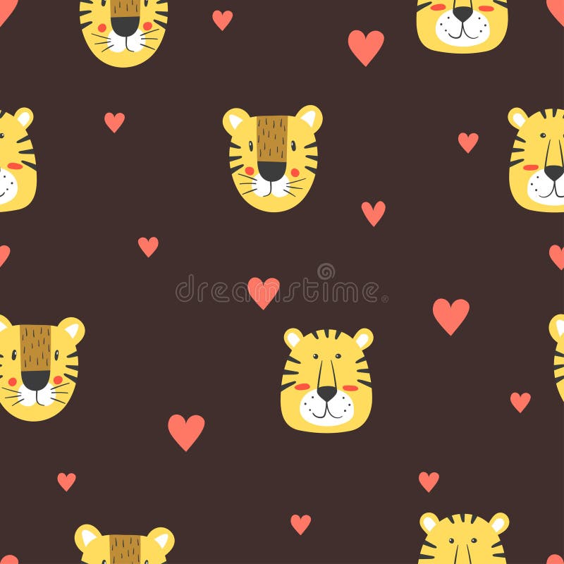 Seamless Pattern with Cute Cartoon Tigers Faces Stock Vector ...