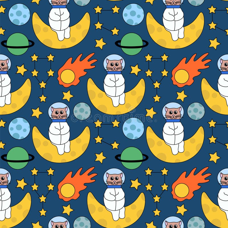 Seamless Pattern with Cute Cat Astronaut in Space Sit on Moon. Stars ...