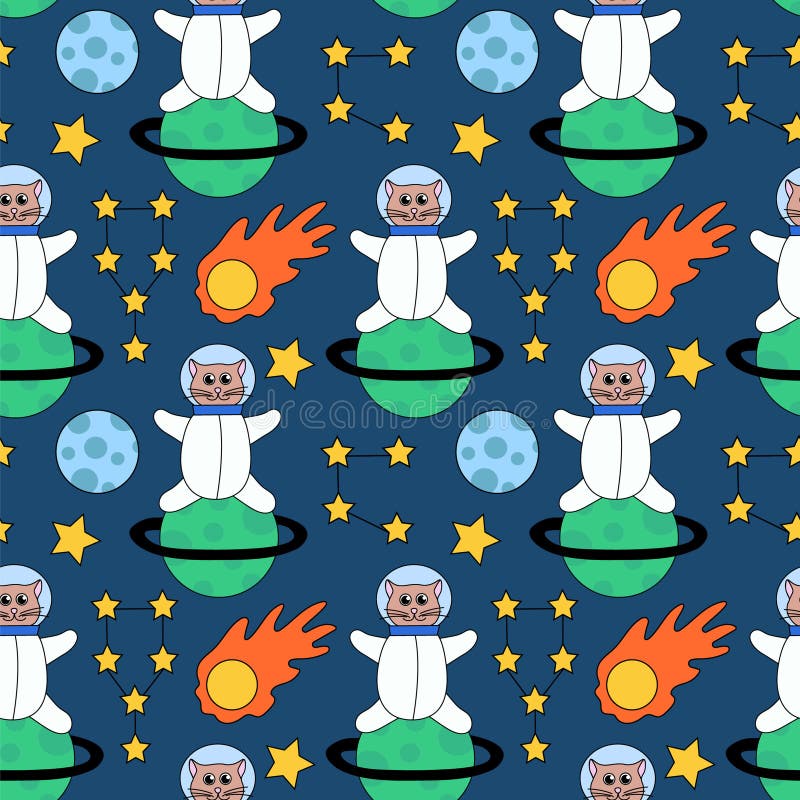 Seamless Pattern with Cute Cat Astronaut in Space Sit on Planet. Stars ...