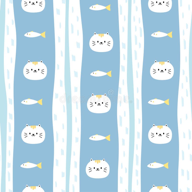 Seamless Pattern of Cute Cat Face and Fish on Blue Background.Animal ...