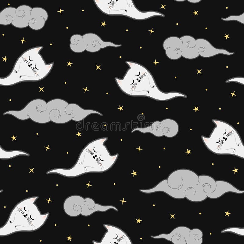 Seamless Pattern with Cute Cat Ghosts Floating and Dreaming among ...
