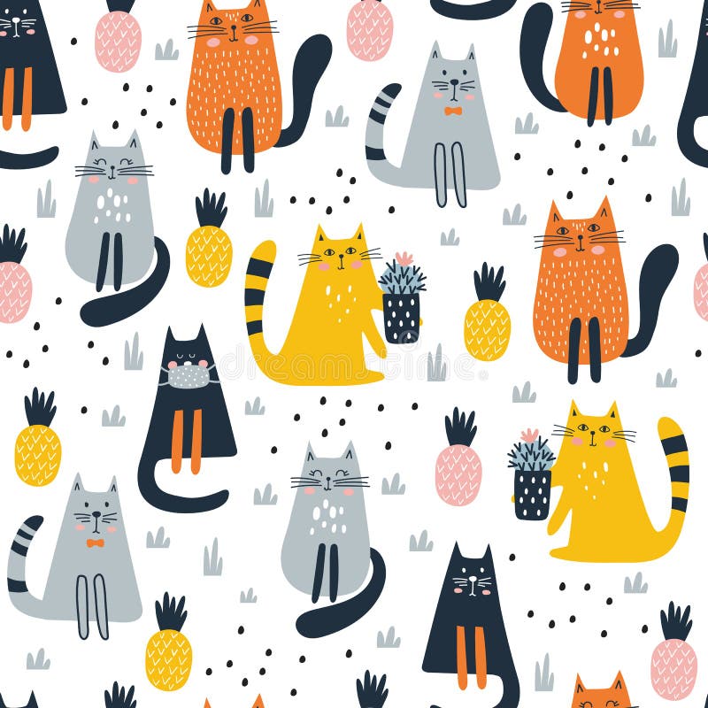 Seamless Pattern with Cute Cat. Kids Print Stock Vector - Illustration ...