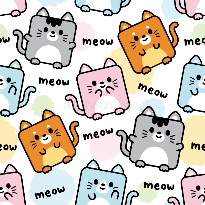Seamless Pattern of Cute Cat in Square Shape with Meow Word on White ...