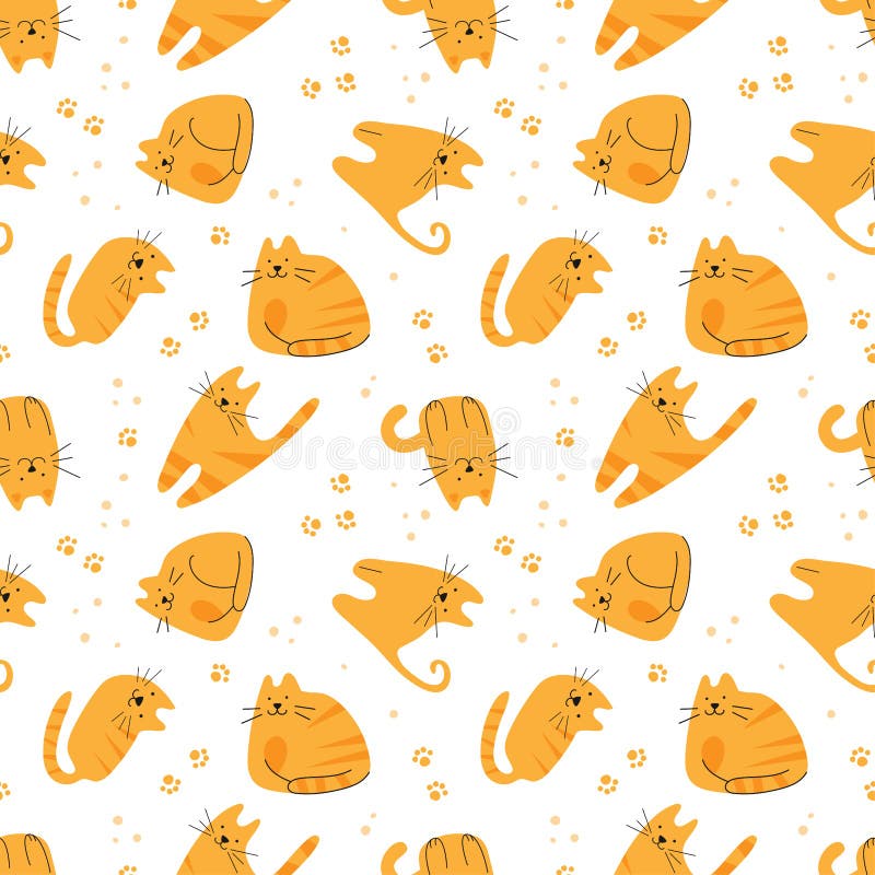 Seamless Vector Pattern with Cute Red Cats and Paws Stock Vector ...