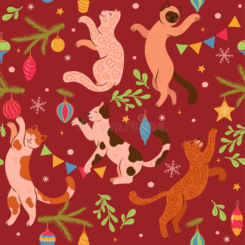 Seamless Pattern with Cute Cats and Christmas Decorations. Vector ...