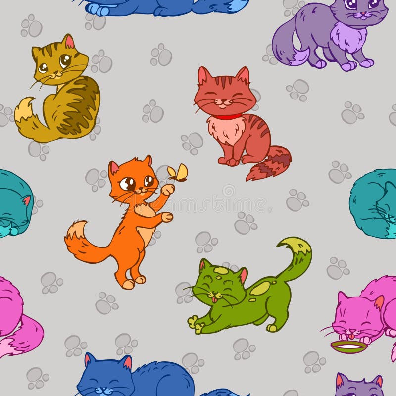 Seamless Pattern with Cute Cats Stock Illustration - Illustration of ...