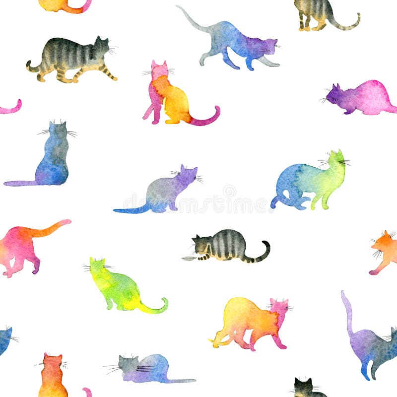 Seamless Pattern with Cute Cats. Cute Cat. Watercolor Cat Illustration ...