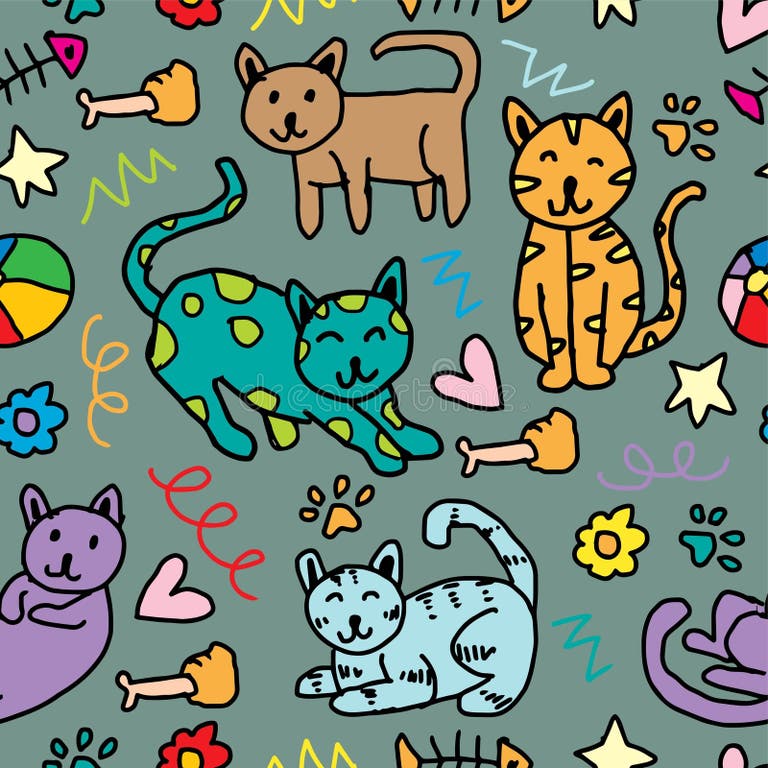Seamless Pattern with Cute Cats and Doodle Elements. Stock Vector ...