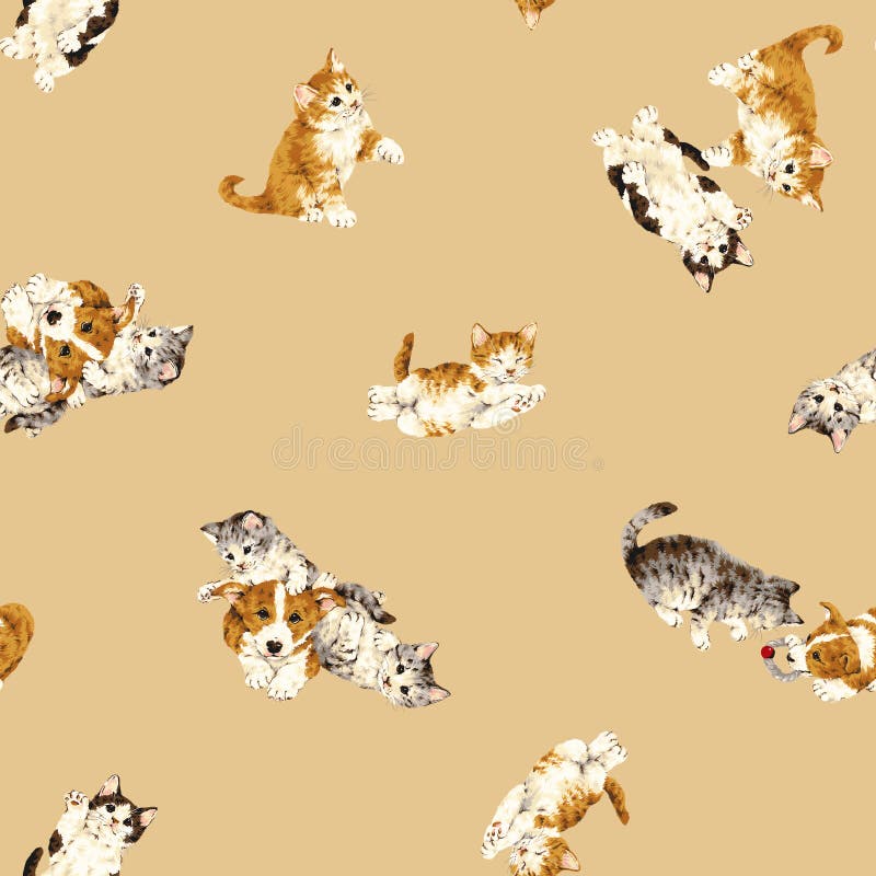 Seamless Pattern of Cute Cats Drawn by Hand, Stock Illustration ...