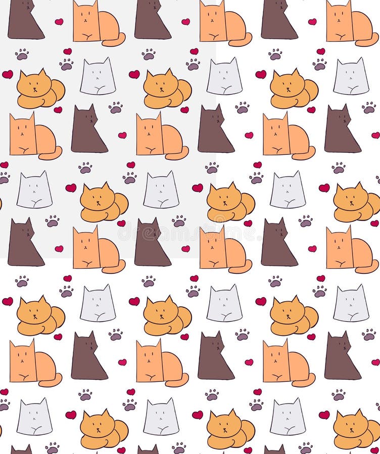 Seamless Pattern, Cute Cats Hand-drawn in Vector, Kind Animals ...