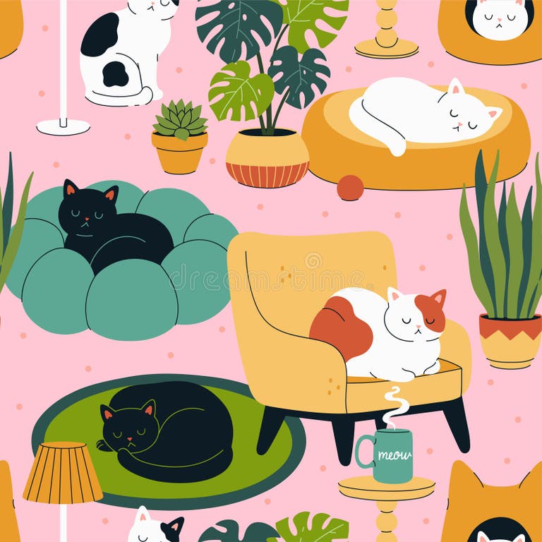 Seamless Pattern with Cute Cats in the Interior. Vector Graphics Stock ...