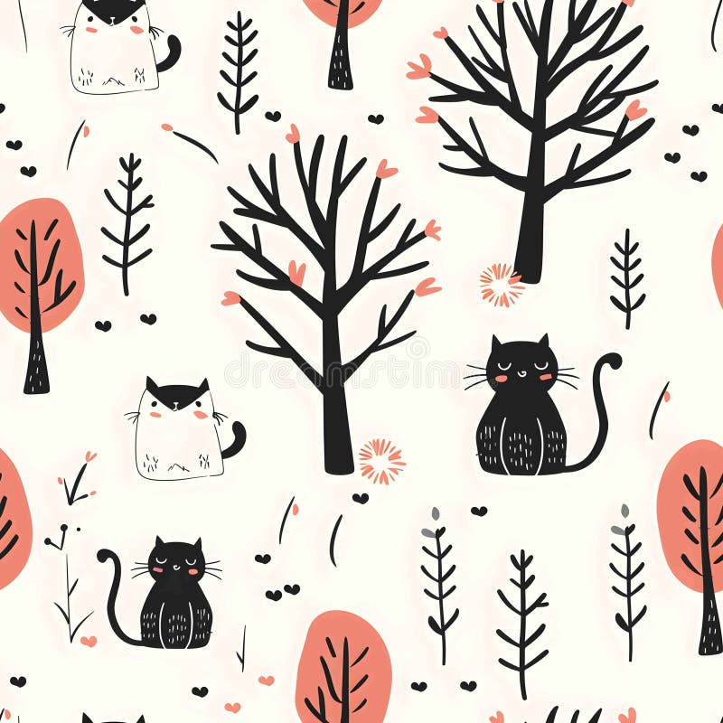 Seamless Pattern with Cute Cats and Tree. Vector Graphics. Stock ...