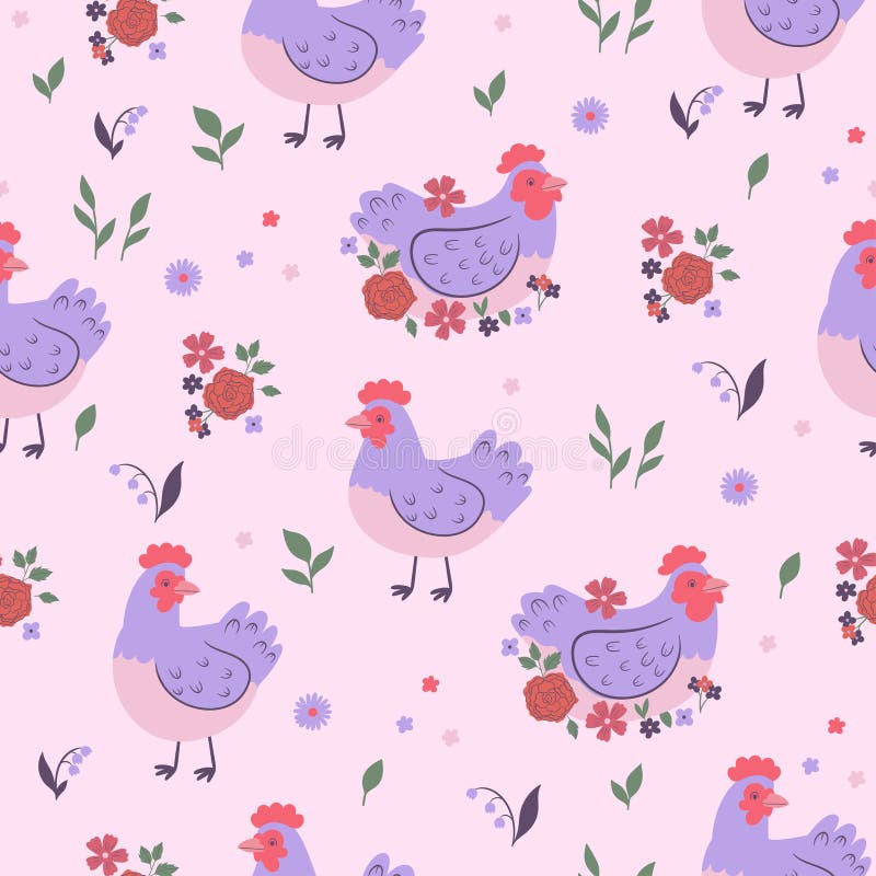 Seamless Pattern with Cute Chickens and Flowers. Vector Graphics Stock ...