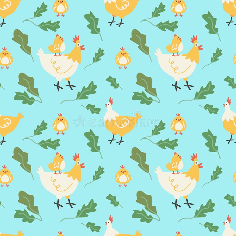 Seamless Pattern with Cute Chickens, Hens and Plants on Blue Background ...