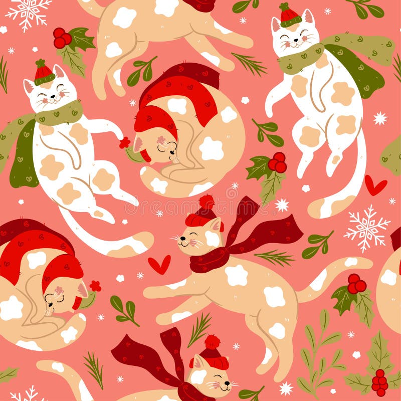 Seamless Pattern with Cute Christmas Cats in Hats and Scarves. Vector ...