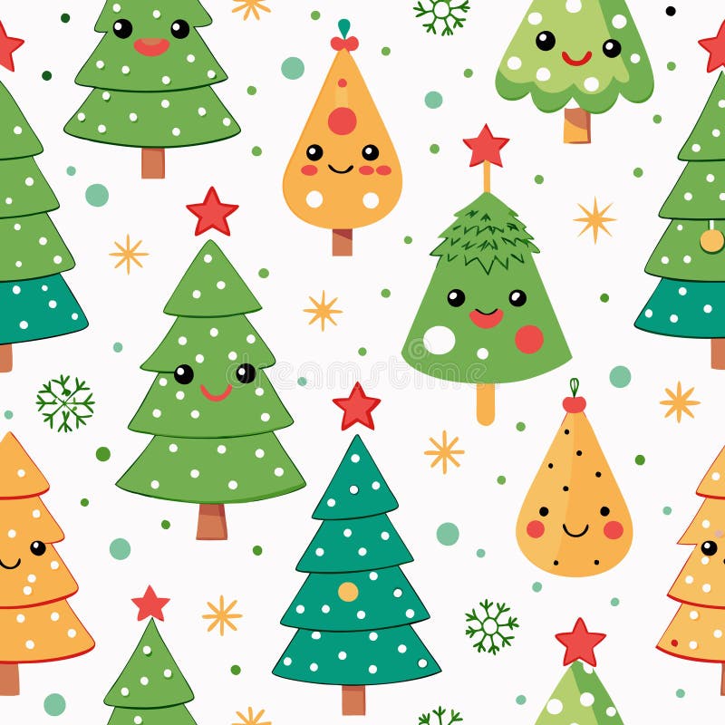Seamless Pattern with Cute Christmas Trees on White Backgroun Stock ...