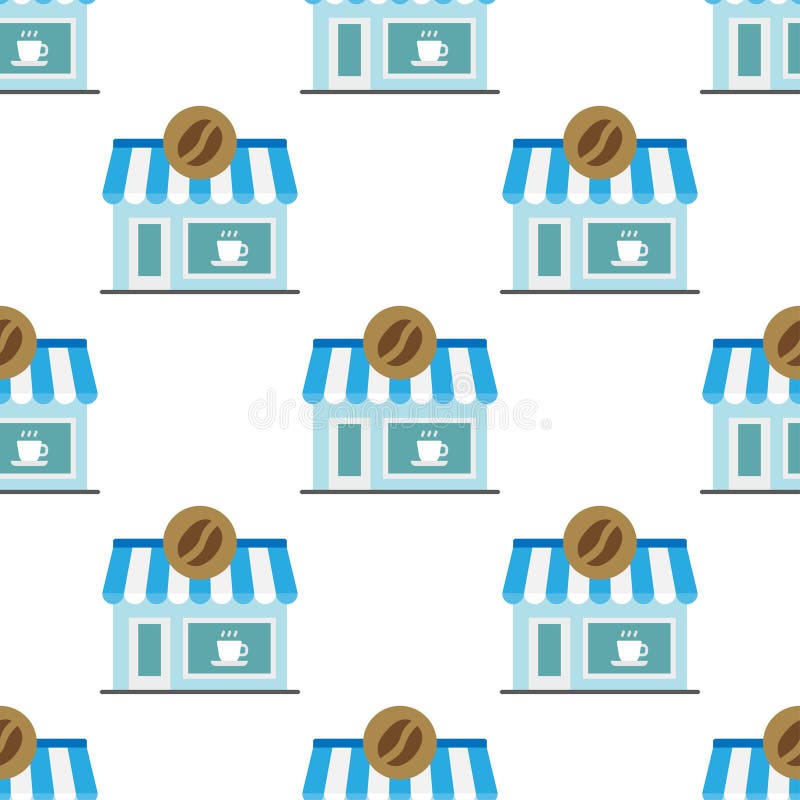 Seamless Pattern of a Cute Coffee Shop Storefront with a Blue and White ...